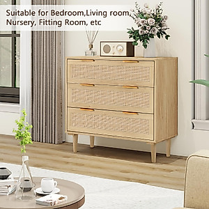 YMBSBUY Rattan Dresser for Bedroom 3 Drawer Storage Closet Dresser Chest of Drawers, Wood Kids Dresser for Bedroom, Living Room, Nursery, Hallway, Entryway, Oak