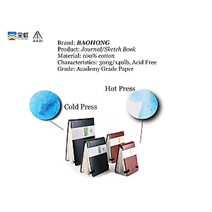 BAOHONG Watercolor Journal, PU Leather Cover, 24 Sheets Sized 6.2" x 9.4", Hot Press Academy Grade BAOHONG Watercolor Paper, 100% Cotton 140 lb (300 GSM), Travel Sketch Book