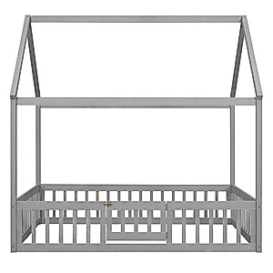 Harper & Bright Designs Grey House Bed Full Floor Bed with Fence Railings, Kids Wooden Full Size Montessori Bed Frame with Small Door for Kids, Fun Playhouse Beds, Full Size Bed Frame for Girls Boys