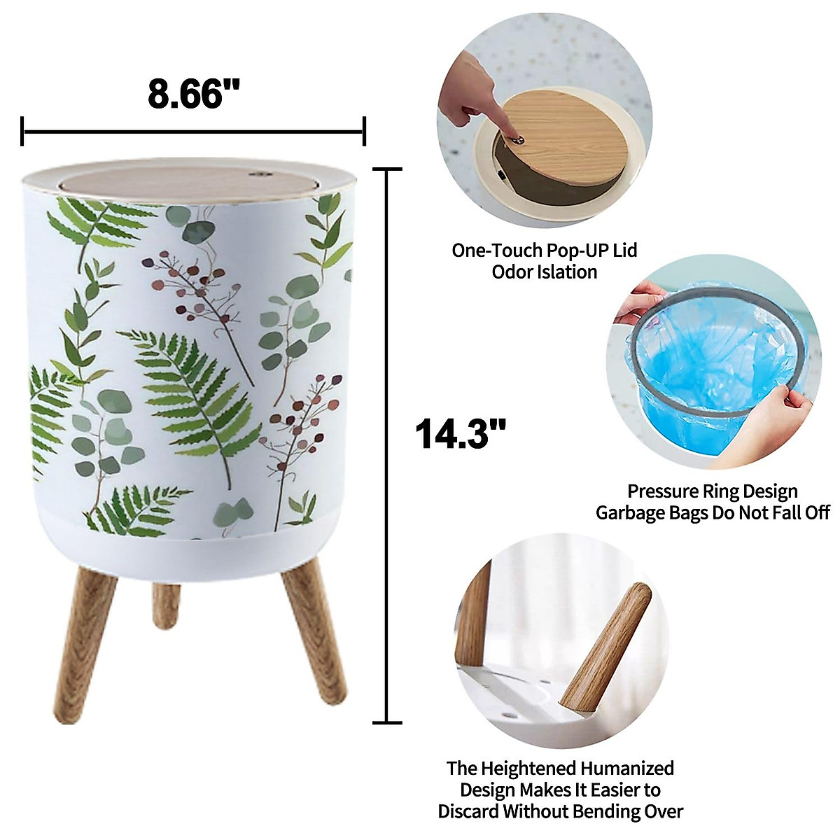 Small Trash Can with Lid for Bathroom Kitchen Office Diaper Seamless pattern green plants white background For wedding decor Bedroom Garbage Trash Bin Dog Proof Waste Basket Cute Decorative