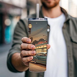 Retro Americana1950's Main Street Diner Skinny Tumbler 20oz with Straw Insulated Water Bottle Gift