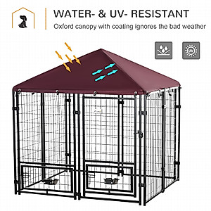 PawHut 5' x 5' x 5' Outdoor Dog Kennel with Rotating Bowl Holders, Walk-in Pet Playpen, Welded Wire Steel with Water and UV-Resistant Canopy, Red