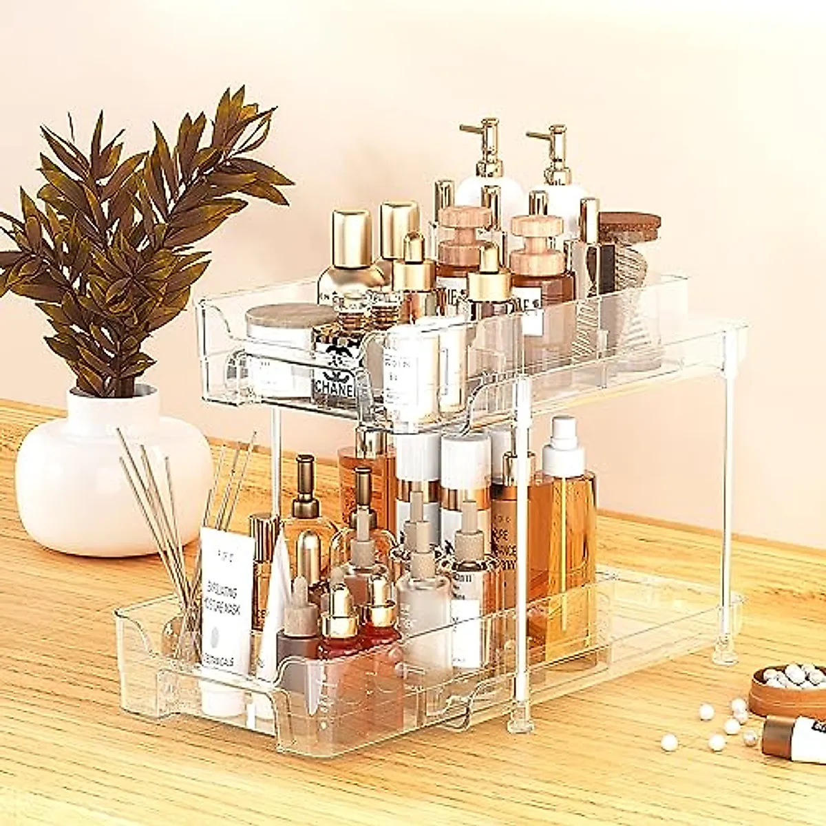 Lovelyduo 2 Tier Clear Dividers Organizer, MultiUse Slide-Out Storage Container, Kitchen, Pantry, Medicine Cabinet Storage Bins, Bathroom, Vanity Makeup, Under Sink Organizing