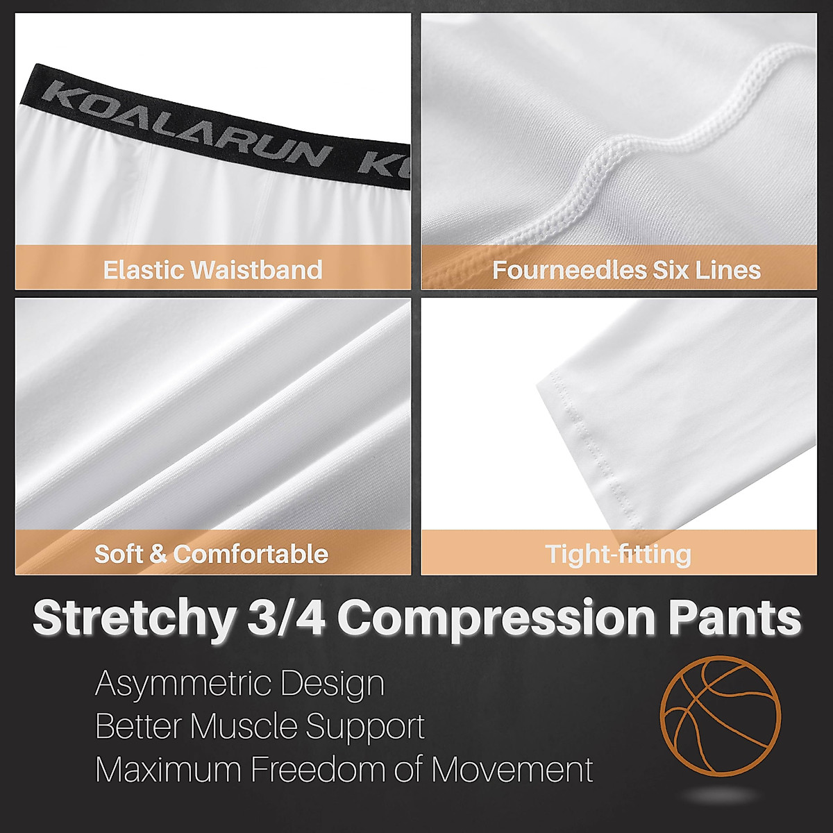 Koalarun One Leg 3/4 Compression Tights for Basketball Single Leg Men's Compression Pants Capris Sports Leggings 2 Pack