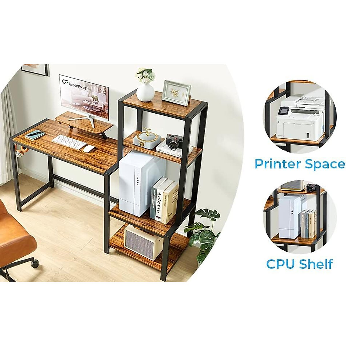 GreenForest Computer Desk 59 inch with Storage Printer Shelf Reversible Home Office Desk with Movable Monitor Stand and 2 Headphone Hooks for Study Writing PC Gaming Working, Walnut