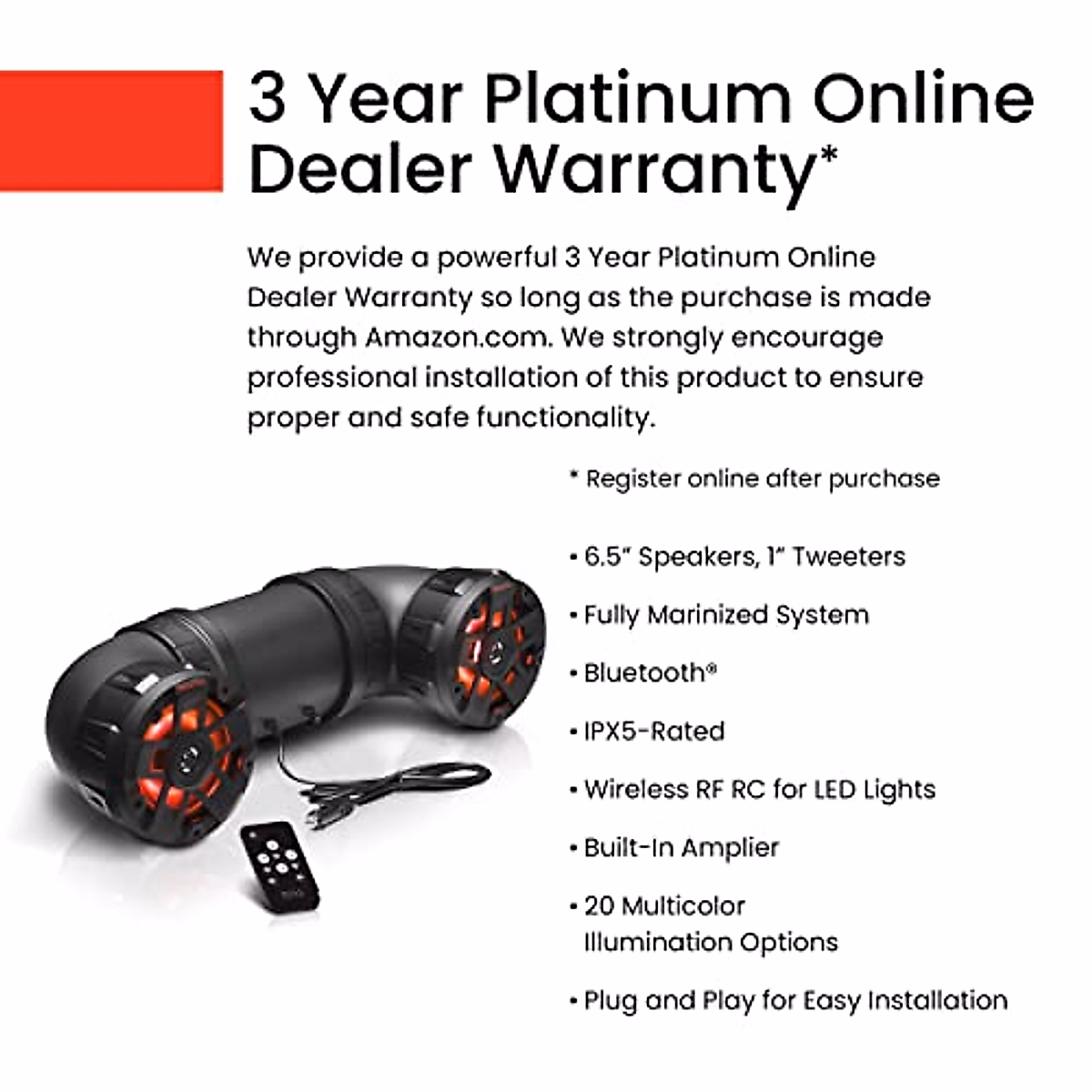 BOSS Audio Systems ATV65BRGB ATV UTV Weatherproof Sound System - 6.5 Inch Speakers, 1 Inch Tweeters, Full Range Audio, Built-in Amplifier, Bluetooth, Multi-Color Illumination, Hook Up To Stereo