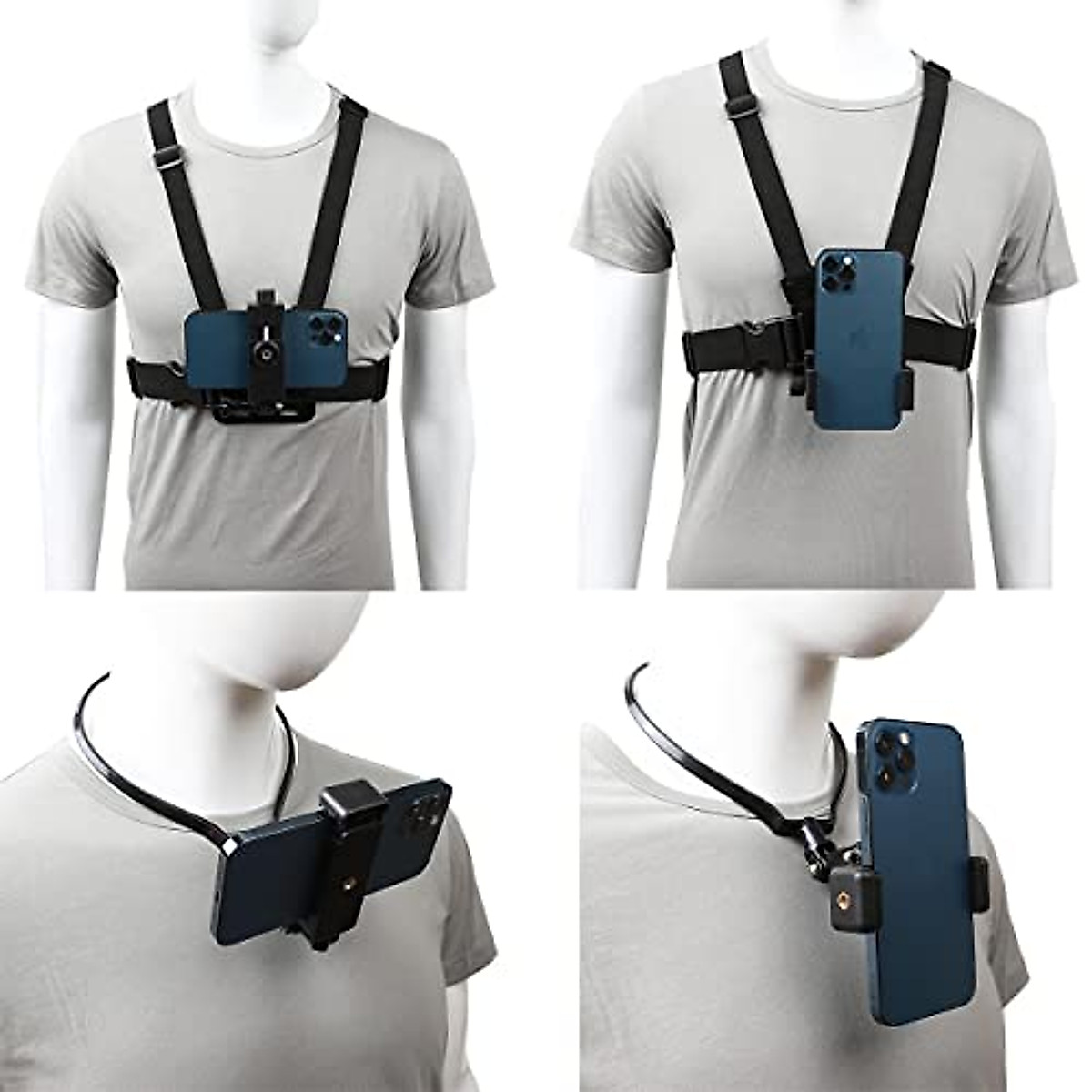 PellKing Mobile Phone Chest Mount Phone Selfie Neck Holder Kit for POV/VLOG,Adjustable Cell Phone Clip Compatible with iPhone,Samsung,GoPro Hero 10,9, 8,7, 6, 5, 4,, 3,2,DJI Osmo,and Action Cameras