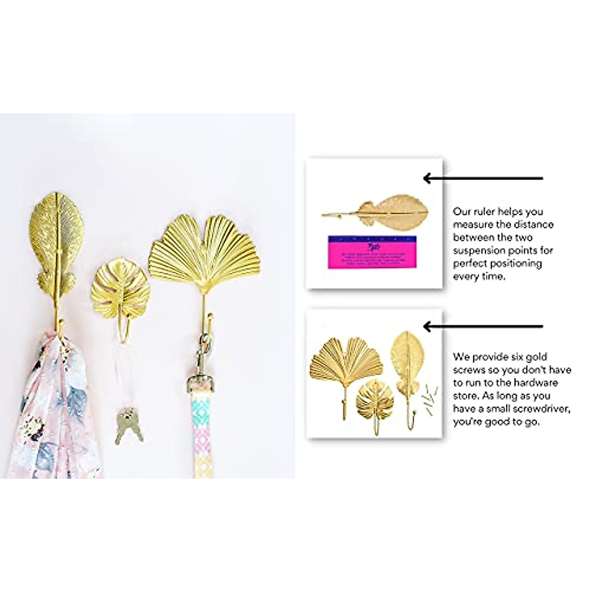 Dorm Queen Gold Decorative Wall Hooks – Set of 3 | Gold Hooks for Hanging Keys, Hats and Jewelry | Gold Wall Hooks | Wall Hooks Decorative | Decorative Hooks | Hat Hooks for Wall | Brass Hooks
