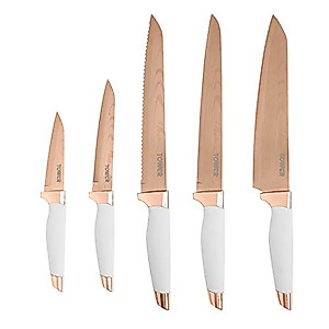 TOWER Damascus Effect Kitchen Knife Set with Stainless Steel Blades and Acrylic Stand, 5 Piece, Rose Gold/White