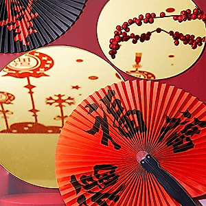 10 Pieces Chinese New Year Fans Chinese Character Folding Fan Oriental Handheld Paper Fans Japanese Round Fan for Wedding Birthday Party Supply Decoration (Traditional Style)