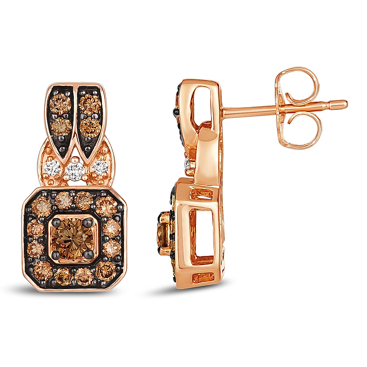 LE VIAN 3/4 Carat White and Brown Diamond Drop Earrings for Women in 14k Rose Gold (VS2-SI1, cttw) Square Dangle Earrings with Push Backs