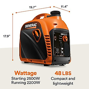 Generac 8251 GP2500i 2,500-Watt Gas Powered Portable Inverter Generator - Compact and Lightweight Design - Produces Clean, Stable Power - COsense Technology - CARB Compliant - Orange/Black