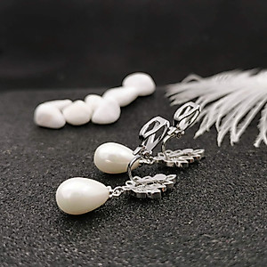 YOQUCOL Leaf-shape Dangle Drop Clip On Earring Zirconia Crystal Simulated Pearl NonPierced Earrings For Women