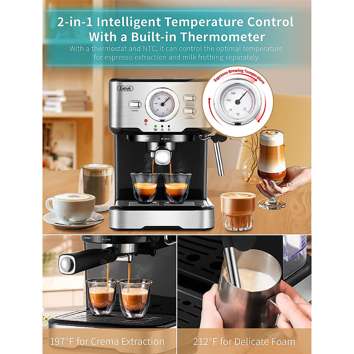Gevi Espresso Machine, Espresso Maker with Milk Frother Steam Wand, Compact Espresso Super Automatic Espresso Machines for home Cappuccino, Latte, GECME403L-U