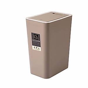 Slim Space-Saving Trash Can with Press Top Lid, 3 Gallon Khaki Durable Plastic Garbage Bin for Kitchen, Bathroom, RV, Living Room, Office, Small Container, 4 Gallon Wastebasket for Narrow Spaces