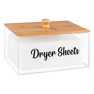 VOTLEVT Acrylic Dryer Sheet Holder with Bamboo Lid,Laundry Dryer Sheet Container and Dispenser for Laundry Room, Fabric Sheet Holder Laundry Organizer