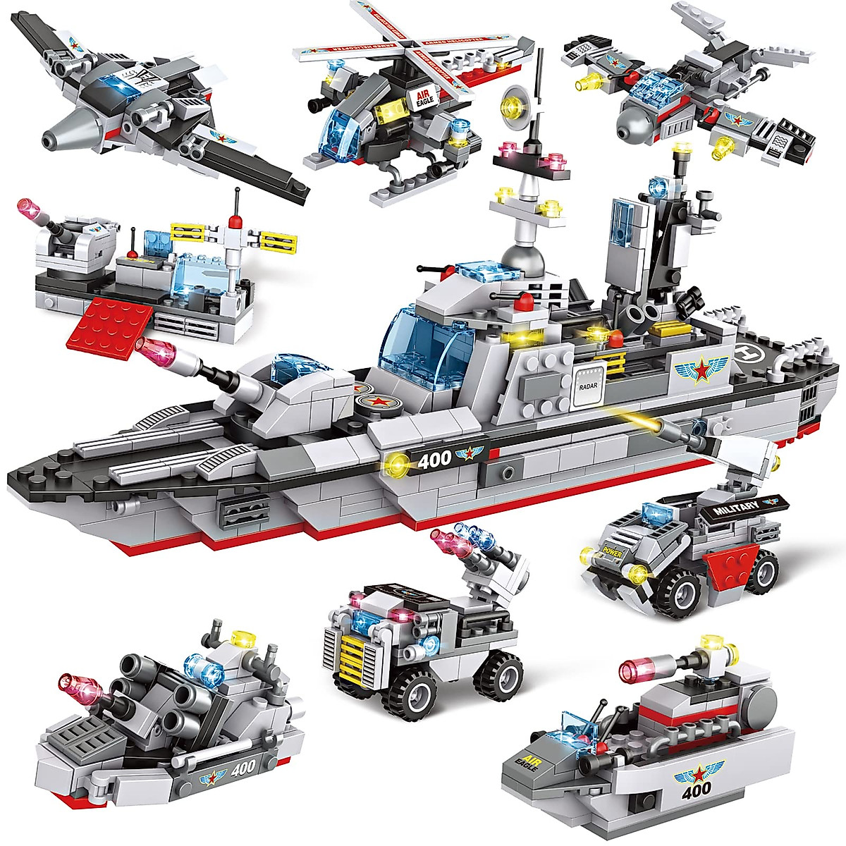 City War Aircraft Carrier Building Blocks Set, 8 in1 Military Battleship Model Brick Toy Kit with Helicopter, Aircraft, Boat, Creative Warship STEM Toys Gift for Kids Boys Girls 6+ (785 Pieces)