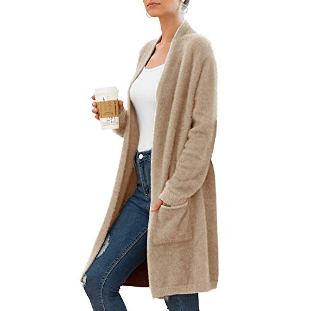 QIXING 2022 Women's Casual Open Front Knit Cardigans Long Sleeve Plush Sweater Coat with Pockets Khaki-Medium