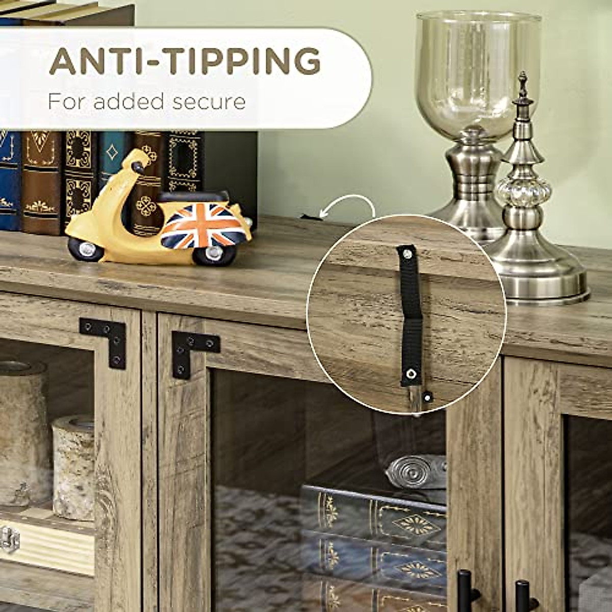 HOMCOM Farmhouse Sideboard, Buffet Cabinet, Coffee Bar Cabinet with 4 Glass Doors, Credenza, Distressed Grey