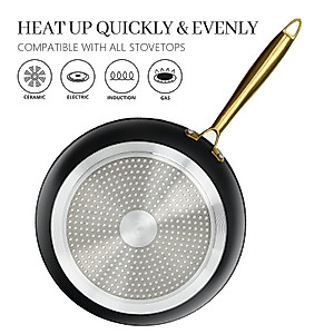 MOJIRE Frying Pan Set Nonstick with Lids, 2-Piece Non Stick Granite Skillet with Golden Steel Handle Chef's Pan (9.5 inch + 11 inch)