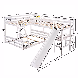 SweetFm Twin Over Full Triple Bunk Bed with Desk,Wooden Loft Bed with Desk and Slide,Full-Length Guardrail, White
