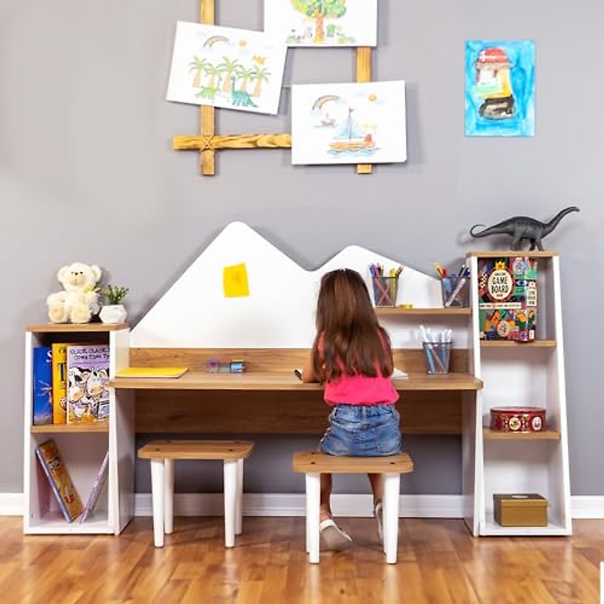 LAWA FURNITURE Kid's Study Desk with Bookshelf + 2 Stools for Ages 3-8, Wooden Children Activity Table with Hutch and Shelves, Kids Bedroom Study Desk with Storage