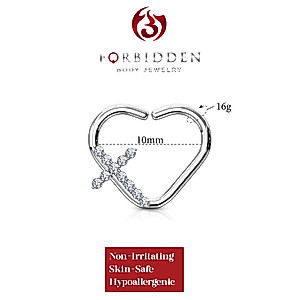 Forbidden Body Jewelry Platinum Plated Heart w/CZ Cross Daith & Cartilage Hoop Earring (Right Ear)