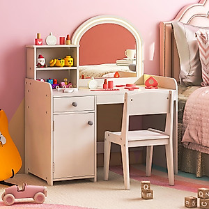 Costzon Kids Vanity with Lights, 2 in 1 Princess Makeup Desk & Chair Set with Lighted Mirror, Drawer, Storage Shelves & Cabinet, Toddler Dressing Table, Pretend Play Vanity Set for Little Girls, White
