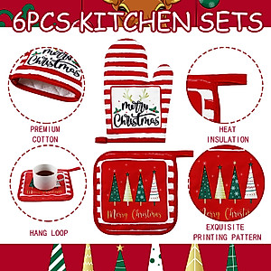 Bencailor 6 Pcs Farmhouse Kitchen Towel Oven Mitts and Pot Holders Set Farm Animal Dish Towels Heat Resistant Oven Gloves for Summer Kitchen Cooking Baking Grilling(Christmas Star Theme)
