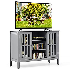 KOTEK Wooden TV Stand, Console Table with Open Shelves and 2 Tempered Glass Doors, TV Cabinet Entertainment Center for TVs up to 50", Storage Cabinet for Entryway, Living Room (Grey)