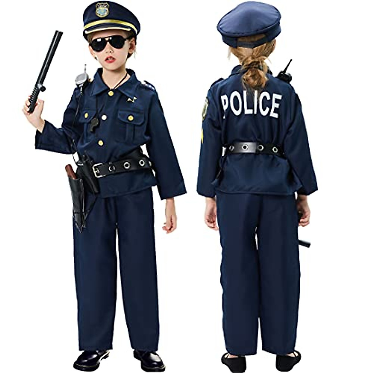 Police Dress Up Costume Set Shirt, Pants, Hat, Belt, Whistle, Gun Holster and Walkie Talkie (Small (5-7 year))