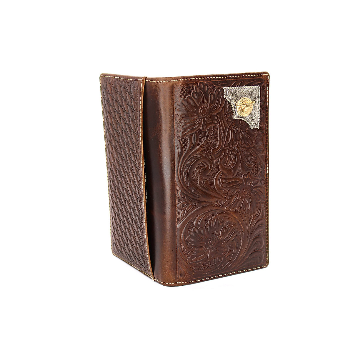 West Star Men Western Wallet Long Bifold Checkbook Style Without Cow Hair Genuine Leather 207A Longhorn Coffee