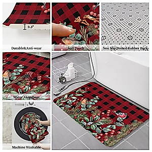 Kitchen Mat Rug Set of 2 Christmas Winter Eucalyptus Plants Red Black Buffalo Plaid Runner Rug Anti-Fatigue Comfort Memory Foam Standing Mat Non-Slip Floor Door Mat for Bedroom 18x30in+18x48in