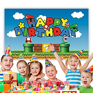Mario Happy Birthday Party Backdrop, Baby Shower Cake Table Decoration Supplies, Mario Themed Banner (5X3FT)