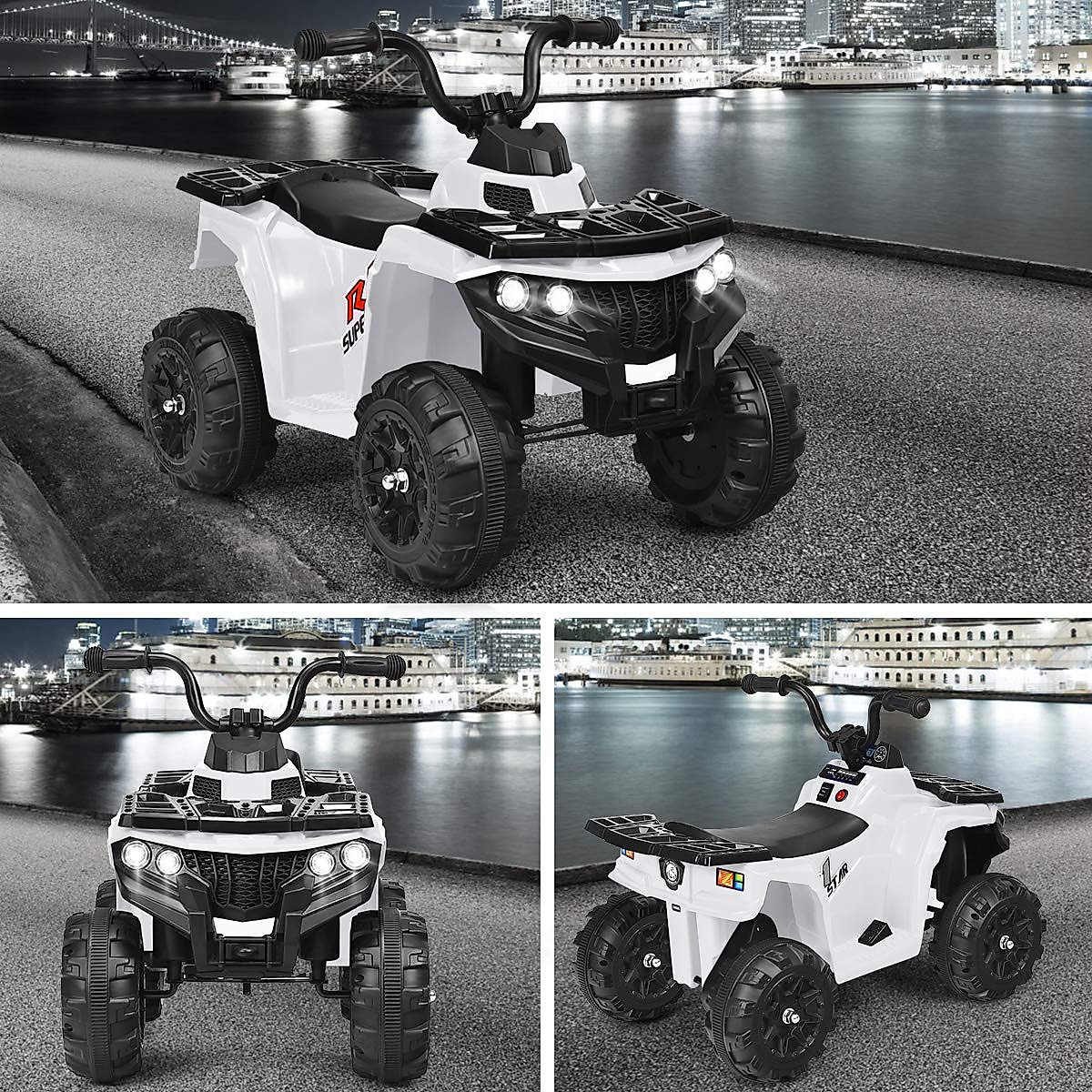 Costzon Ride on ATV, 6V Battery Powered Kids Electric Vehicle, 4 Wheeler Quad w/Headlights, MP3, USB, Volume Control, Large Seat, Electric Ride on Toys for Boys & Girls (White)