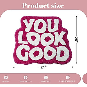 UNIBATH You Look Good Bath Mat Hot Pink Bathroom Rugs Funny Cute Bathroom Decor Preppy Small Cool Rug Non Slip Microfiber Washable Absorbent Shower Rug, 25”x21”