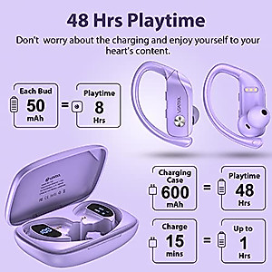 bmanl Wireless Earbuds Bluetooth Headphones 48hrs Play Back Sport Earphones with LED Display Over-Ear Buds with Earhooks Built-in Mic Headset for Workout Purple BMANI-VEAT00L