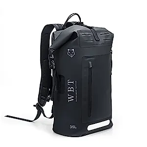 Water Bear Tactical Waterproof Backpack: Black 35L Rugged Roll-Top Closure with Waterproof Zipper front pocket and Cushioned Padded Back.