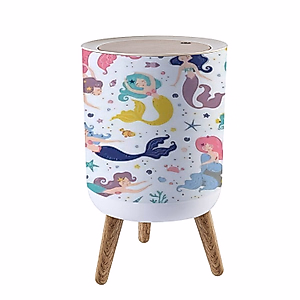 LOPYEIJFG Seamless Childish Cute Mermaids Creative Kids Texture for Fabric Trash Can with Lid Kitchen Bathroom Bedroom 1.8 Gallon Press Cover Wastebasket Office Wood Small Garbage Bin Waste Bin