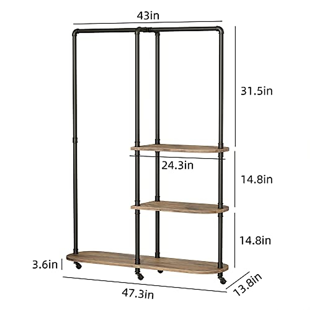 MAIKAILUN Industrial Clothing Rack, Heavy Duty Clothes Rack With Shelves, Freestanding Rolling Garment Rack for Hanging Clothes, Standing Portable Metal Closet Organizer, Coat Rack (BLACK)