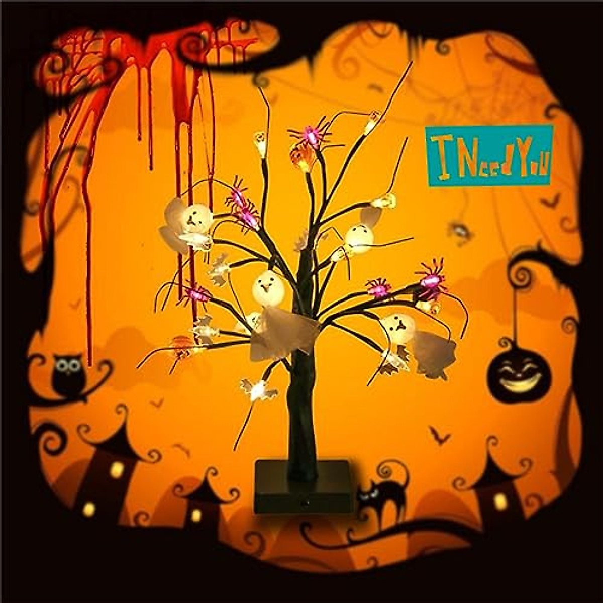 WUYJTIF 1.5FT Black Halloween Tree Lights with 24 Decorated Ghost/Pumpkin/Spider Lights, Timer/Battery Powered Halloween Decorations Indoor Outdoor Suitable for Home, Table, Mantle, Party Decorations