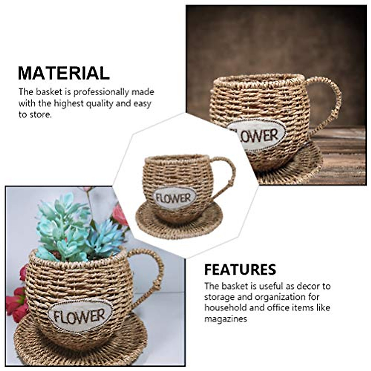 Cabilock Woven Teacup Flower Basket Rattan Woven Basket Desktop Decor Woven Flower Vase Fiddle Leaf Fig Wicker Woven Basket Dining Table Planter Water Plant Weaving Indoor Household Basket