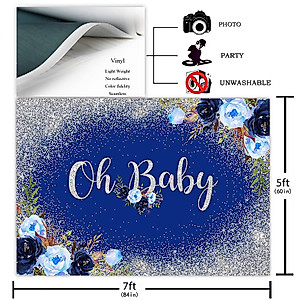 Avezano Navy Blue and Silver Baby Shower Backdrop for Boy Baby Shower Party Decorations Photography Background Glitter Silver Navy Blue Floral Oh Baby Party Decorations Backdrops (7x5ft)