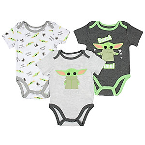 Star Wars Infant Baby The Mandalorian Snack Time Grogu Baby Yoda One Piece Romper 3 Pack (0-3 Months) Grey