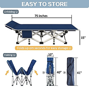 GETOVIN Cot XL Camping Cot with Thick Pad Oversize Cots for Sleeping Camping Bed Folding Cot 450LBS(Max Load) Comfortable Double Layer Oxford Heavy Duty with Carry Bag for Home Outdoor Travel