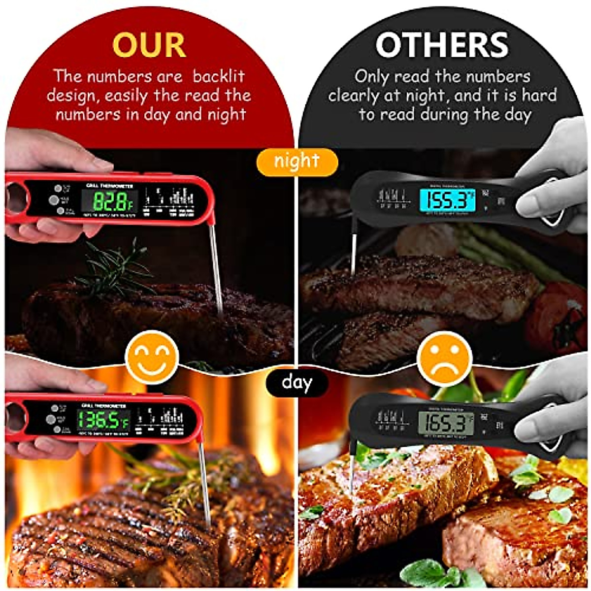 3 in 1 Digital Meat Thermometer, Instant Read Food Thermometer with 2 Detachable Wired Probe, Calibration, Alarm Function, LCD Backlight for Grilling, Cooking, BBQ, Kitchen