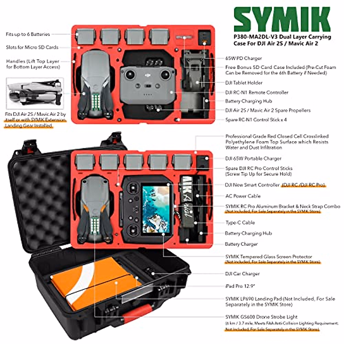 SYMIK P380-MA2DL-V3 Dual Layer Waterproof Hard Carrying Case for DJI Air 2S / Mavic Air 2 Drone/Fly More Combo w/DJI RC/RC Pro/Smart or RC-N1 Standard Controller, Landing Pad, iPad, Accessories