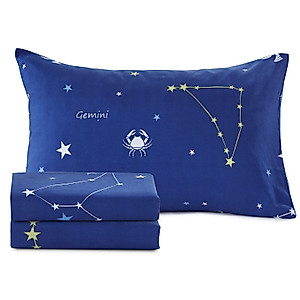 Homiest 3pcs Constellation Sheets Twin Size Bed Set, Star Pattern Cute Soft Bedding Set, Deep Pocket Twin Sky Printed Sheets for Kids Teen Boys Adults, Navy Blue