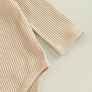 fhutpw Newborn Baby Girl Clothes Infant Rib Frill Long Sleeve Romper Flared Pants Headband Set 3pcs Fall Winter Outfits (C- Beige- Mock Neck, 0-3 Months)