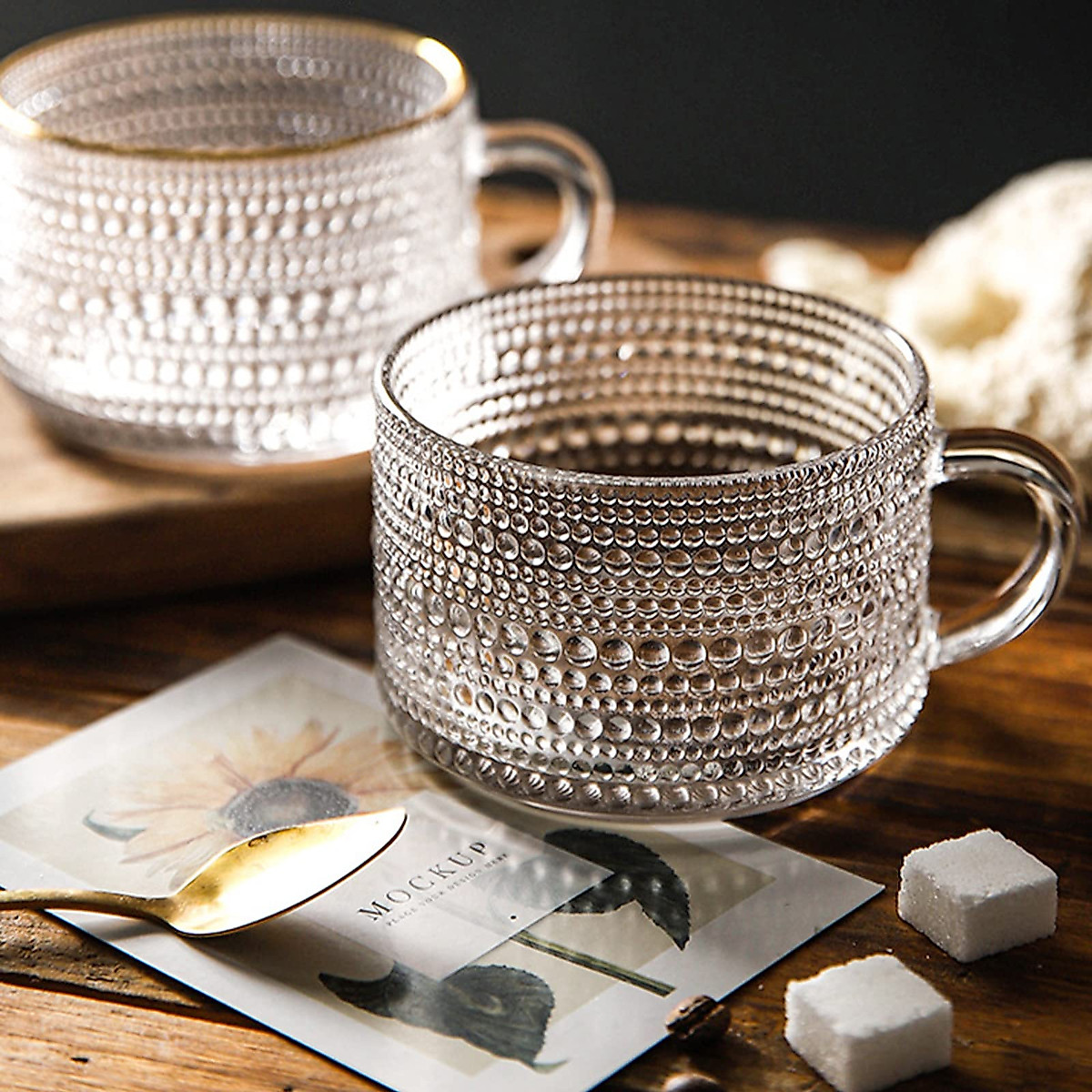 Stackable Vintage Coffee Mug, 14 Oz Clear Embossed Glass Cup, Premium Drinking Glass Tumbler, Tea Cup, Glass Coffee Cup for Cappuccino, Latte, Cereal, Cocktail, Yogurt, Beverage Hot